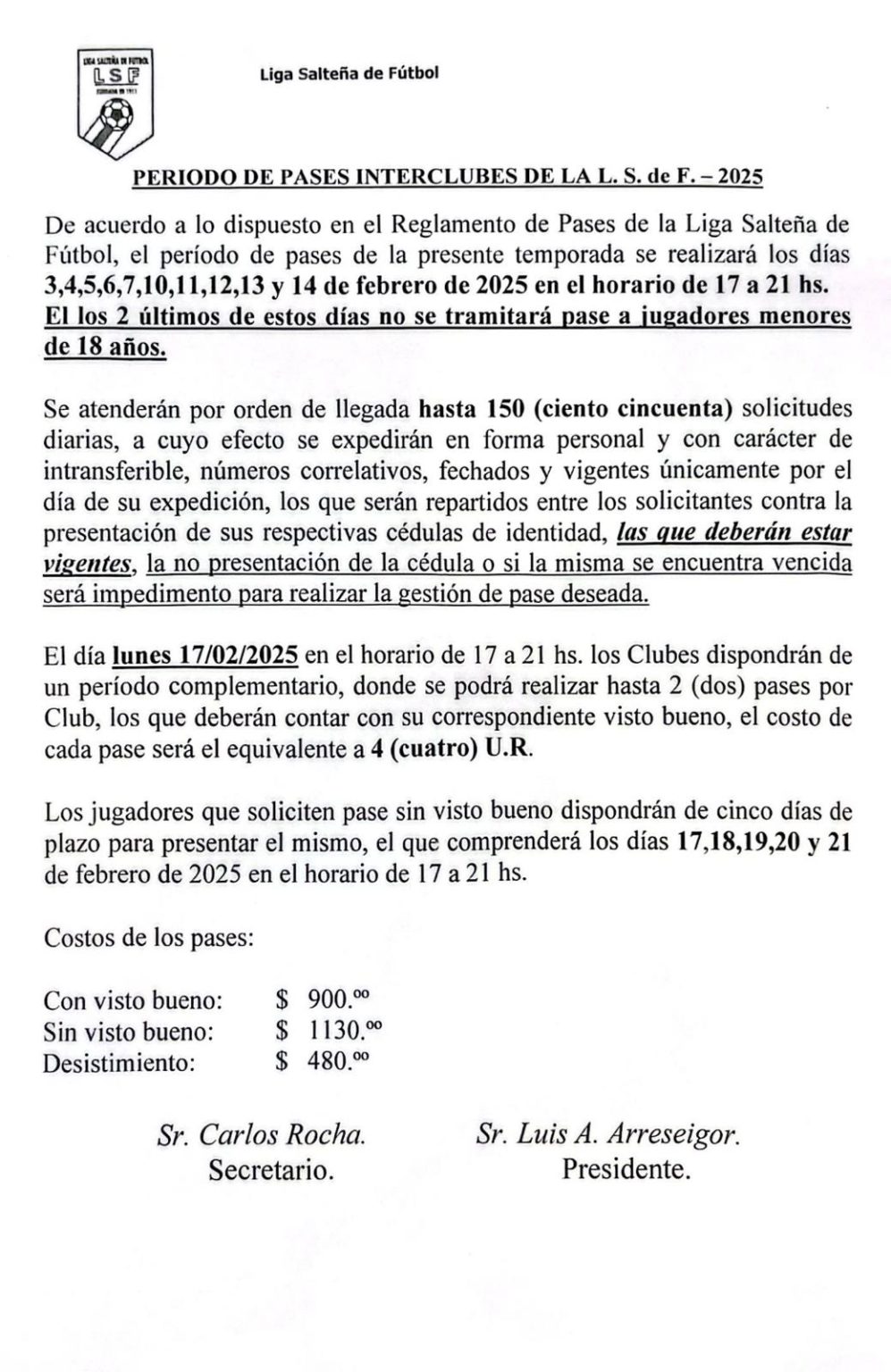 Información del período de pases de la Liga Salteña de Fútbol - Radio ...
